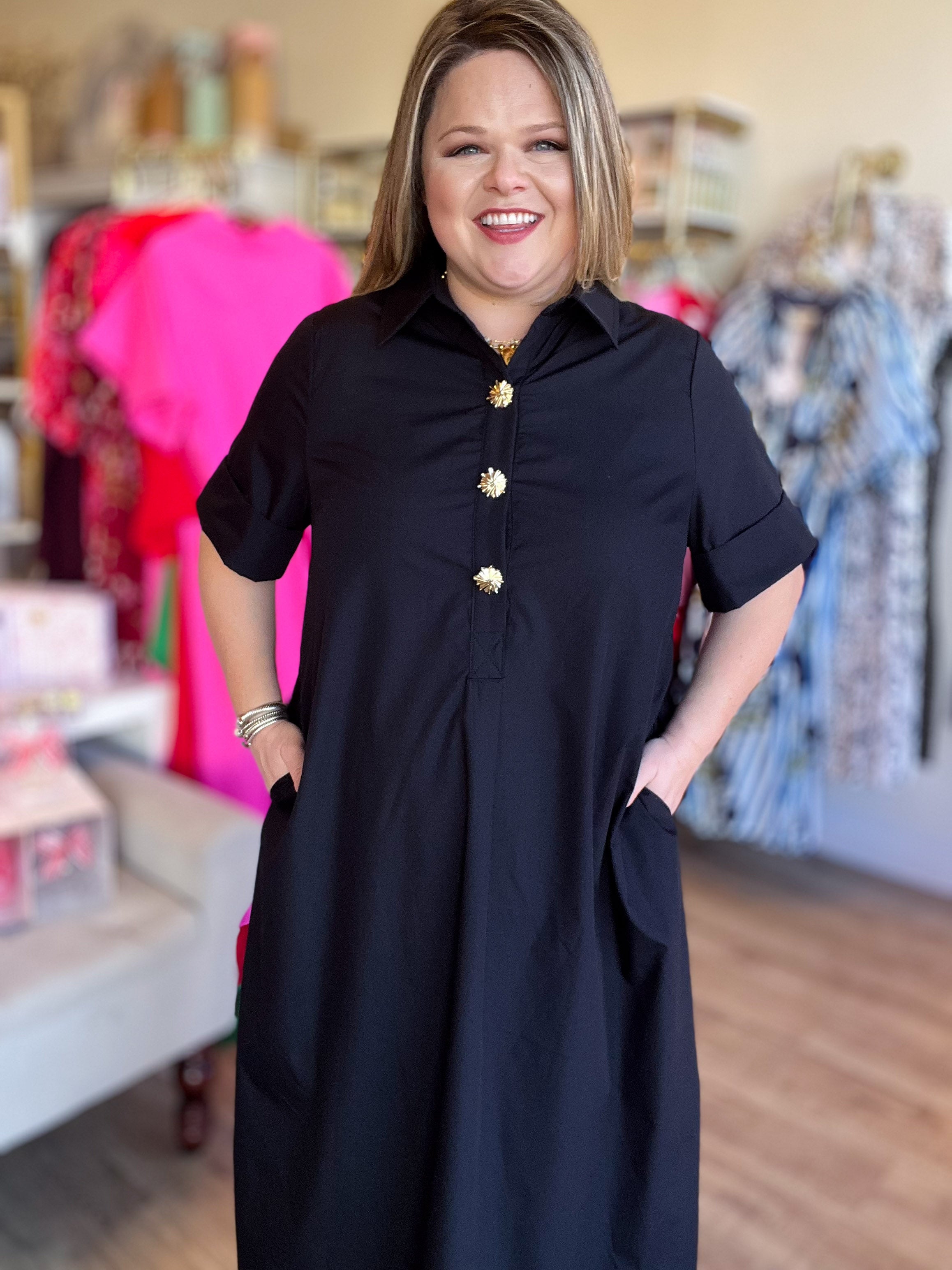 RESTOCKED! Très Chic Black Curvy Midi Dress – Katherine Parker Designs