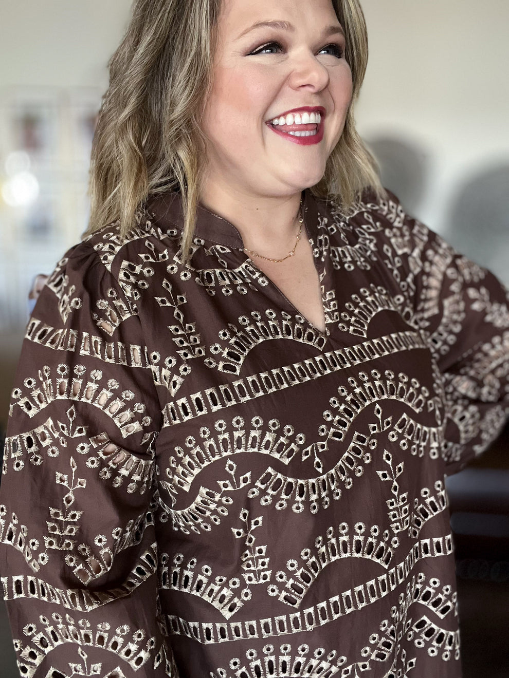 You’re a Jewel Curvy Brown Eyelet Top – Katherine Parker Designs